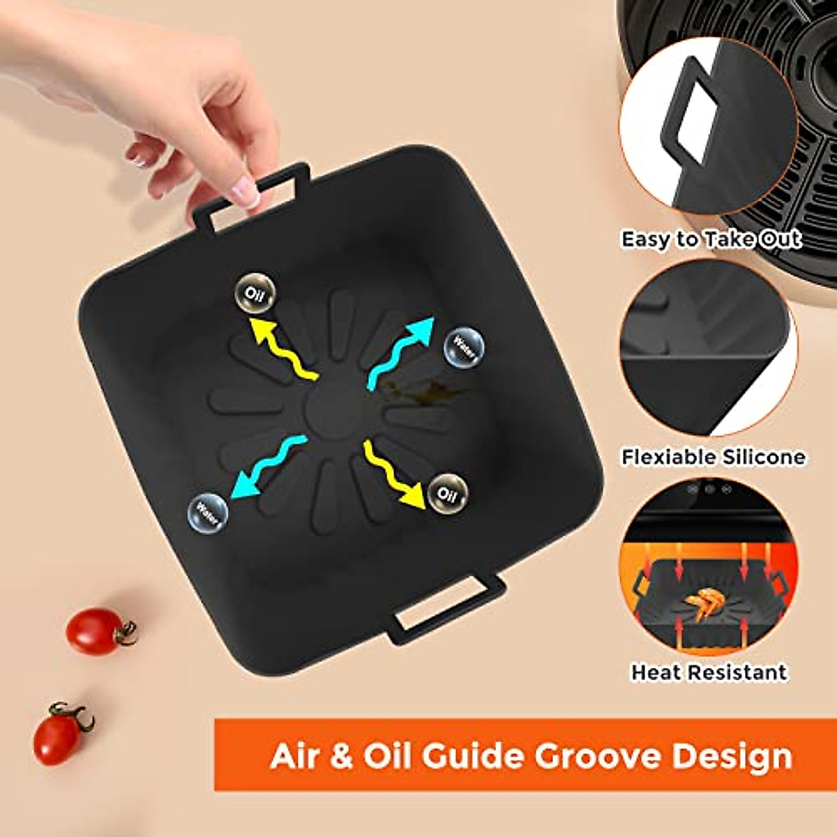 Square Air Fryer Liners Silicone, 9 IN 6 to 10 QT Food Grade Reusable Heat Resistant Silicone Air fryer Bowls Inserts Baskets Pots Accessories for COSORI Instant Vortex Air Fryer Oven Microwave