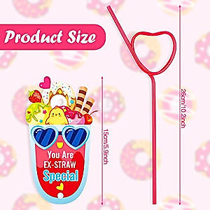 Qpout 32 Pack Valentine’s Day Cards for Kids,Funny Gift Cards with Loops Reusable Drinking Straws for Boys Girls Classroom Exchange Valentines Party Favors and Party Prizes
