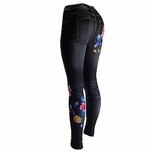 CLOYA Women's Denim Print Seamless Full Leggings for All Seasons - One Size Fits Large & X-Large (Blue Rustic)