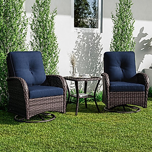 Joyside Patio Swivel Rocker Wicker Chairs - Outdoor Swivel Rocking Chairs Set of 2 with Wicker Side Table, Patio Swivel Rocker Chair 3 Piece Patio Furniture Sets for Porch Deck(Brown/Blue)