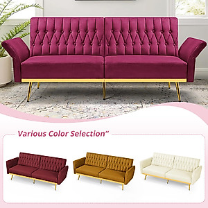 ACMEASE 2 Pieces Velvet Futon Sofa Set with Adjustable Backrests and Armrests, 70” Convertible Sofa Bed & Tufted Accent Chair with Ottoman for Living Room, Fuchsia