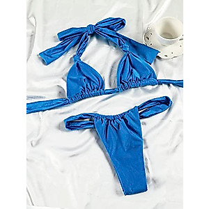 Women Thong Bikini Set Cheeky Halter Triangle String Two Piece Swimsuits Sexy Ruched Brazilian Bathing Suit Blue