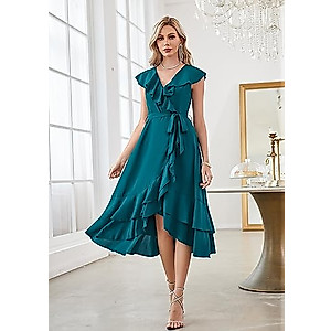 GRACE KARIN Wrap V Neck Long Bridesmaid Dresses for Wedding Sleeveless Ruffle Chiffon Formal Evening Party Dresses Blue Green