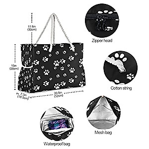 ALAZA Paw Print Footprint Black Tote Bag Beach Large Bag Rope Handles for Shopping Groceries Travel Outdoors