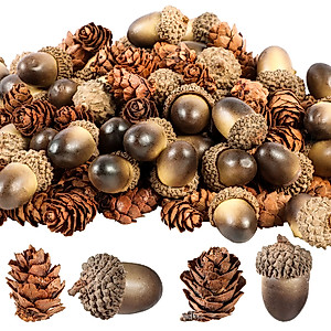 Unittype 300 Pcs Mini Acorn Pine Cones Include 150 Natural Mini Pine Cone 150 Artificial Acorns with Natural Cap Fake Acorn Prop for Vase Filler Home Bulk
