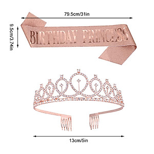Rosavida 2-piece suit BIRTHDAY PRINCESS Sash and Rhinestone Tiara Kit Birthday Gifts Glitter Sash and Birthday Crowns for Women Girl Party Decoration (Rosegold)