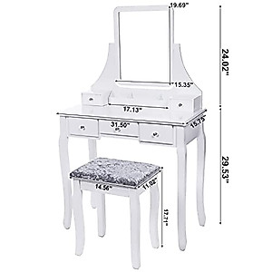 BEWISHOME Vanity Set with Mirror & Cushioned Stool Dressing Table Vanity Makeup Table 5 Drawers 2 Dividers Movable Organizers White FST01W