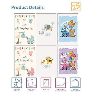 Better Office Products 25 Pack New Baby Congratulations Cards with Envelopes, Baby Shower Cards, Bulk Set, 4 x 6 Inch, 6 Cover Designs, New Baby Girl and Boy Cards, Blank Inside