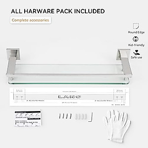 LANC Chrome Bathroom Shelf Glass Shelves 20-Inch Floating Tempered Glass Shelf Rectangular Stainless Steel Wall Mounted Silver Polished Shelves for Bathroom Kitchen Organizers Accessories，A7613CP