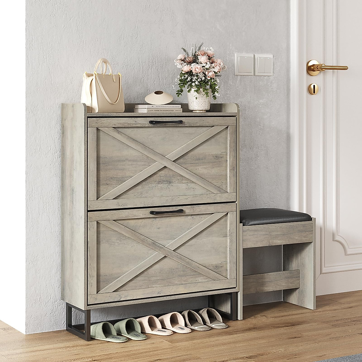 Maupvit Shoe Storage Cabinet with 2 Flip Drawers and Removable Shoe Bench, Farmhouse Shoe Organizer with Metal Legs, Narrow Slim Shoe Rack Cabinet for Entryway,Grey