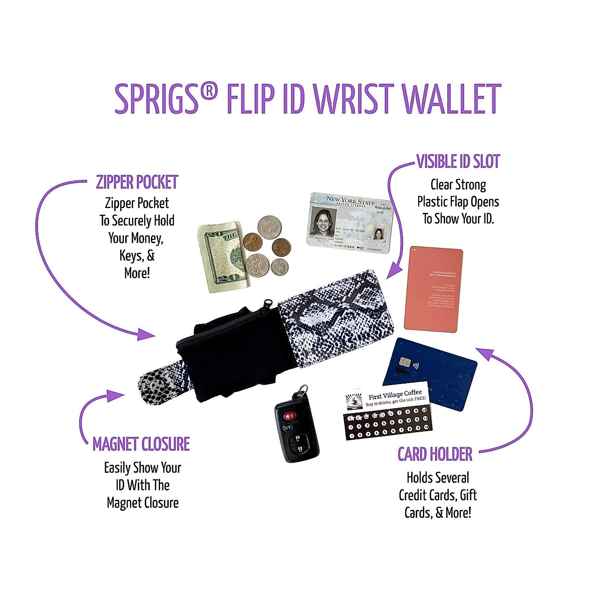 Sprigs Flip Id Wristband Wallet - Wallet Wrist Band - Wrist Band Zipper - Wrist Band with Zipper Pocket & Running Key Holder - Pocket Wristband for Keys Cash Card ID - Snakeskin/Black, Small/Medium
