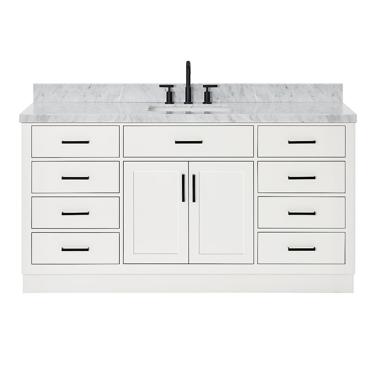 ARIEL 67" White Bathroom Vanity, 1.5" Edge Italian Carrara Marble Countertop & Splash, Single Rectangular Sink, 2 Soft Closing Doors, 9 Full Extension Dovetail Drawers, Toe Kick, Matte Black