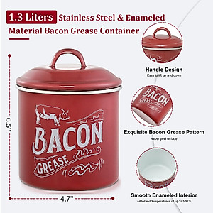 [ Larger Capacity ] Bacon Grease Container with Fine Strainer and Lid - 38 OZ Enamel Bacon Grease Keeper Oil Can for Bacon Fat Dripping - Farmhouse or Kitchen Gift & Decor, Bacon Cooker Accessories