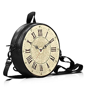 SCRAWLGOD Clock Watch Antique Print Round Satchel Bag for Womens Girls PU Leather Shoulder Handbags Small Purse Tote