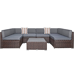 7 Piece Outdoor Patio Furniture Set with Cushions, PE Rattan Wicker Modular Outdoor Sectional L Shape Patio Conversation Sofa Set with Coffee Table, and Two Pillows (Dark Brown/Gray)