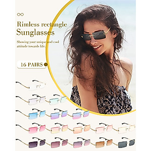 16 Pairs Rimless Rectangle Sunglasses Tinted Frameless Square Glasses Vintage Rimless Eyewear Transparent Candy Color Unisex Glasses for Men Women