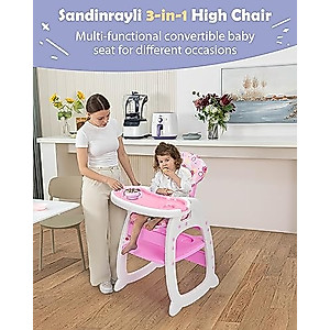 SANDINRAYLI Baby High Chair, Pink 3 in 1 Highchairs, Convertible Plastic Toddler Eating Chair with Tray, Portable Feeding Chair with 5-Point Harness