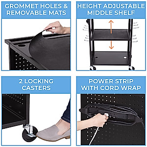 Line Leader Stellar AV Cart | Reimagine Your Teacher Cart with Revolutionary Pegboard Siding & 12 Movable Peg Hooks for Customizable Storage | UL Safety Certified Mobile Workstation with Keyboard Tray