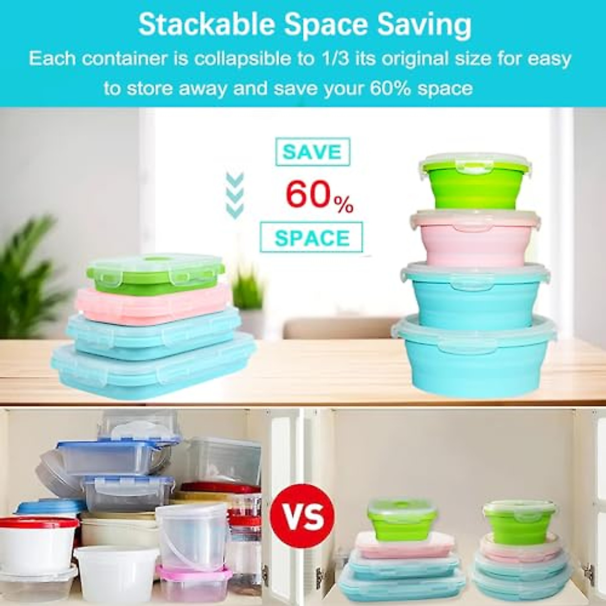 LYASILGC Set of 8 Collapsible Silicone Food Storage Containers, Collapsible Bowls with Airtight Lids, Flat Stacks, Meal Prep, Lunch Box Container, RV Organization And Storage