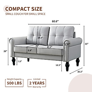 Husbedom 60.6 Inches Loveseat Sofa, Air Leather Small Couches for Small Spaces, Comfy Couch for Living Room, Bedroom, Apartment, Studio, Light Gray