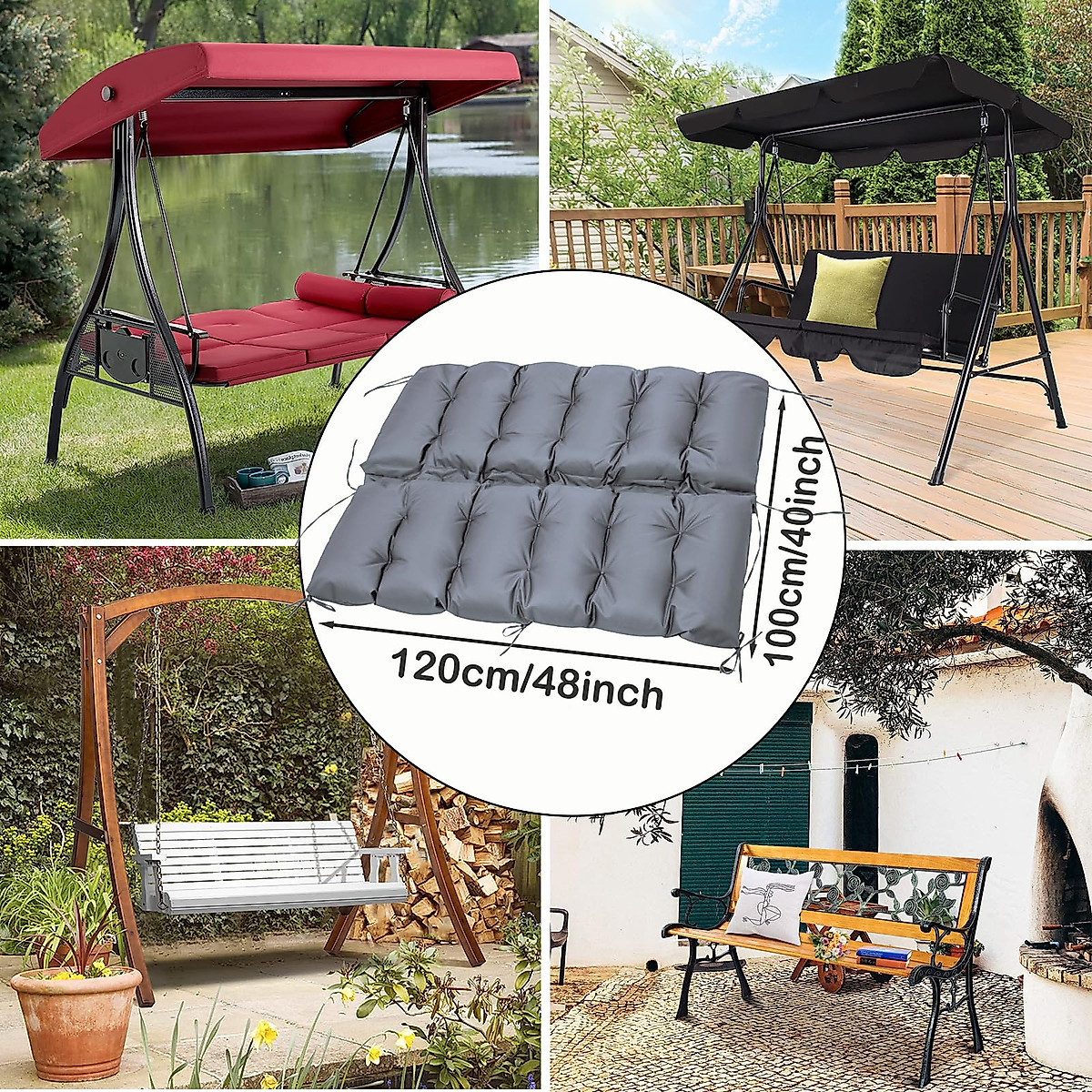 LCYY.JJ Outdoor Swing Cushions,Thicken 4'' Outdoor Bench Cushion 2-3 Seater with Backrest,Outdoor Porch Swing Cushions Placement with Ties, for Garden Recliner Seat Furniture Patio/light gray