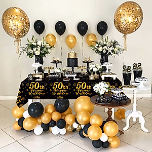 PHOGARY 50th Birthday Party Decorations Tablecloth, 3 Pack Happy Birthday Table Cover for Women Men, Bday Anniversary Theme Party Supplies Black and Gold Rectangular Tablecloths 54 × 108 in