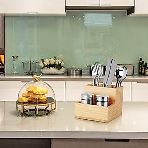 Wooden Silverware Holder,Countertop Silverware Organizer,Silverware Holder for Fork,Spoon,Knife,Condiment Shakers,4 Compartments Utensil Caddy for Farmhouse Kitchen Decor,Parties,Hotel