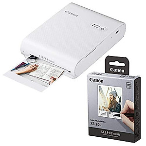 Canon SELPHY Square QX10 Compact Photo Printer, White - with Canon SELPHY Color Ink/Label Set XS-20L 20 Sheets