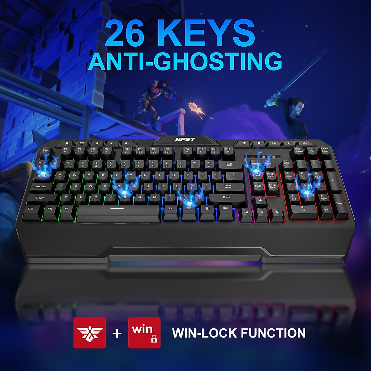 NPET K32 Wireless Gaming Keyboard RGB with Wrist Rest - Long-Lasting Rechargeable Battery - Quick and Quiet Typing - Water Resistant Backlit Wireless Keyboard for PC PS5 PS4 Xbox One Mac - Black