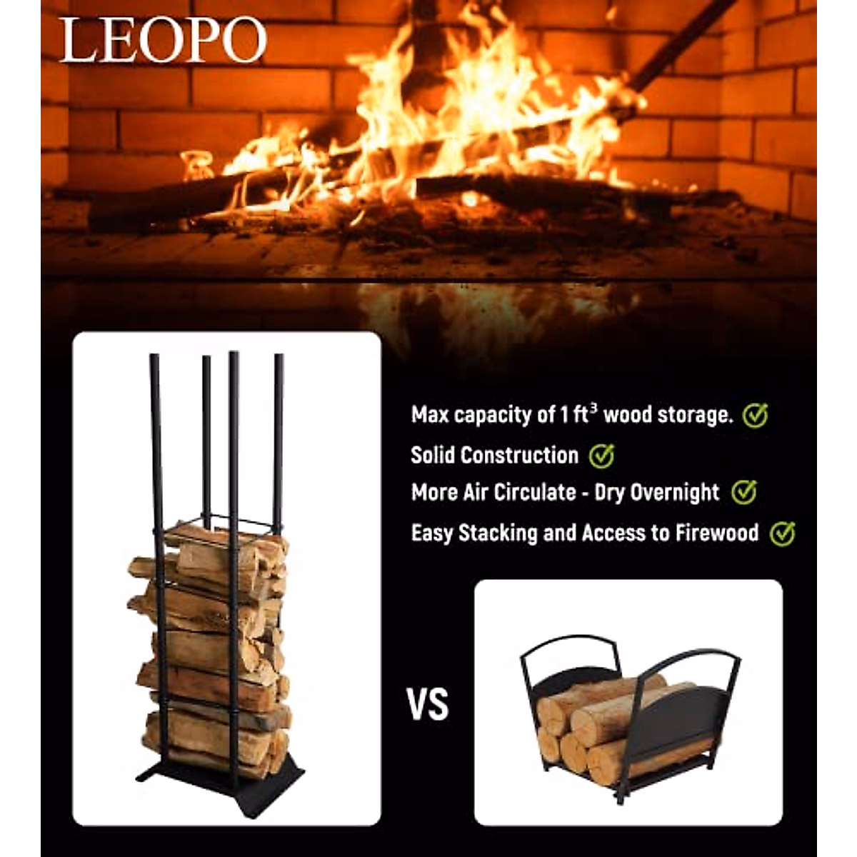 LEOPO Industrial Fireplace Log Holder Tower, Frame Indoor Outdoor Log Holder, Heavy Duty Wood Rack for Firewood
