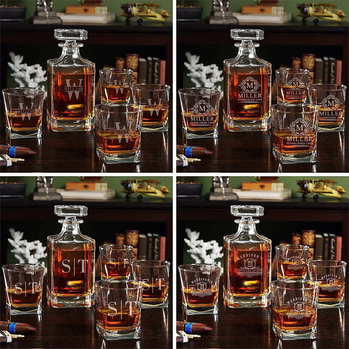 Personalized Whiskey Decanter Set with 4 Square Rocks Glasses - Gift Box Available