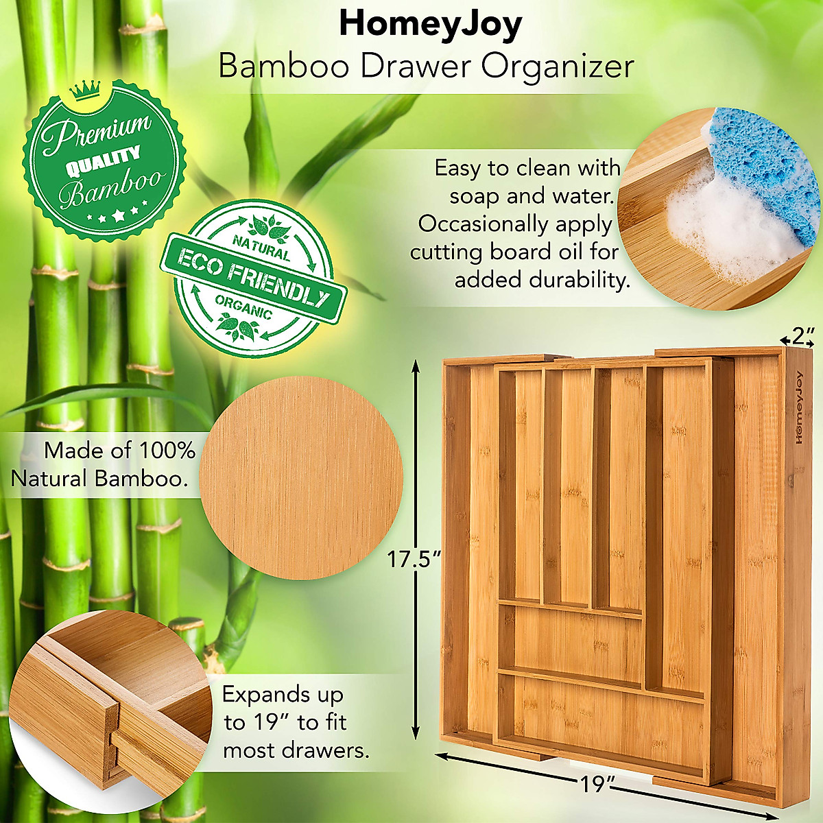 Bamboo Silverware Drawer Organizer - Expandable 100% Bamboo Cutlery Kitchen Drawer Organizer – Premium Wooden Utensil/Cutlery Tray for Kitchen Flatware Set– Eco-Friendly Silverware Organizer