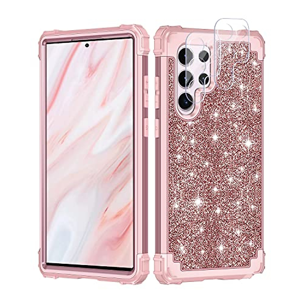 LONTECT for Galaxy S23 Ultra Case with 2 Camera Lens Protector,Three-Layer Shockproof Heavy Duty Full Body Sturdy Protective Case for Samsung Galaxy S23 Ultra 5G,Rose Gold