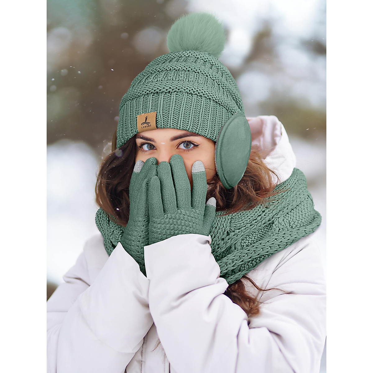 Winter Hat Scarf Gloves and Ear Warmer, Warm Knit Beanie Hat Touch Screen Gloves Set Winter Gifts Neck Scarves for Women Mint Green