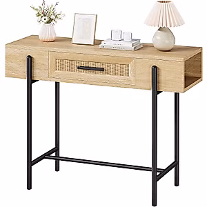 IDEALHOUSE Console Table Rattan Sofa Tables Narrow Entryway Table with Drawer and Storage, 40” Behind Couch Table Hallway Table Boho Desk Home Furniture for Living Room, Foyer, Bedroom
