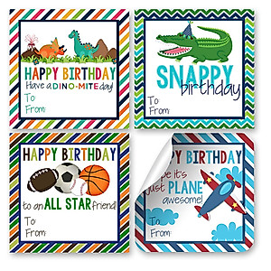 Happy Birthday Gift Tag Stickers for Boys, Set of 24 2.5 X 2.5 Mixed Square Birthday Gift Labels by Amanda Creation