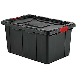 Sterilite 15 Gal Industrial Tote, Stackable Storage Bin with Latching Lid, Plastic Container with Heavy Duty Latches, Black Base and Lid, 12-Pack