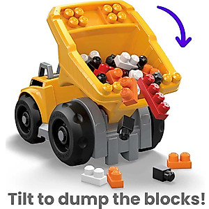 Mega BLOKS Cat Toddler Blocks Building Toy Set, Large Dump Truck with 25 Pieces and Storage, Yellow, Ages 1+ Years
