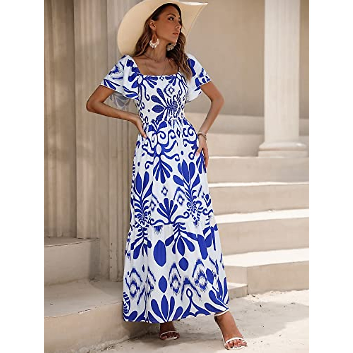 MakeMeChic Women's Floral Print Layered Short Sleeve Square Neck Ruffle High Waist A Line Summer Long Dress Blue and White XL