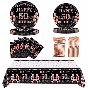 Black Rose Gold Birthday Party Supplies,Disposable Party Tableware Sets - 50 Years Paper Plates,Napkins,Plastic Forks Knives,Tablecloths,50th Birthday Decorations for Men,24 Guests