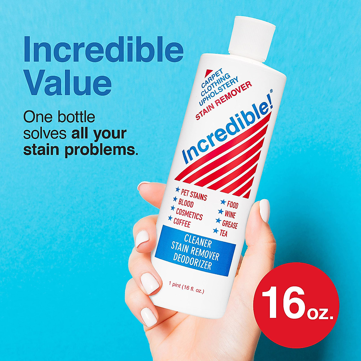 INCREDIBLE! Stain Remover - Commercial Pack Quantity, Professional Stain Cleaner For Carpets, Fabric, Linen, Laundry, Mattress, Car Upholstery – Pet Stains, Urine, Blood, Ink, Wine, 16.oz, Pack of 6