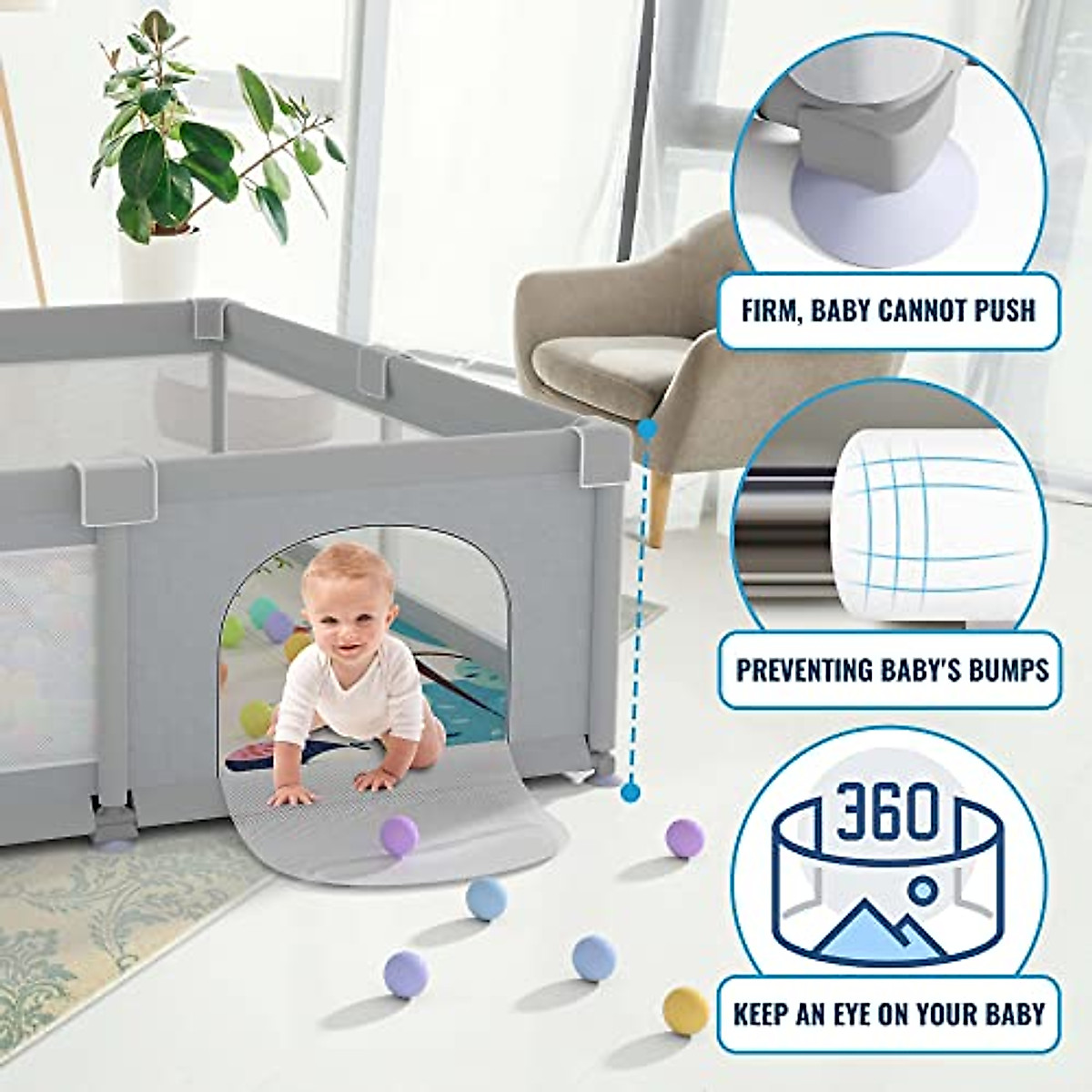 Baby Playpen 79" X 71" , LUTIKIANG Play Yard for Babies and Toddlers with Mat, Safety Extra Large Baby Fence Area, Indoor & Outdoor Kids Activity Play Center with Anti-Slip Suckers and Zipper Gate.