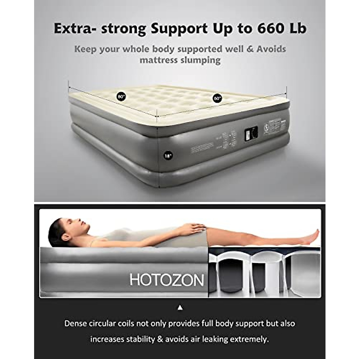 HOTOZON Queen Air Mattress with Built-in Pump, 18" Foldable Air Bed with Carry Bag, Luxury Elevated Inflatable Air Mattresses, Blow Up Airbed for Home, Camping & Guests, Grey