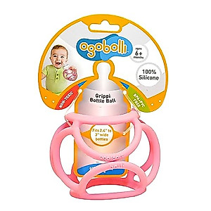OgoBolli Grippi Teether Ring Tactile Sensory Ball and Baby Bottle Holder for Babies & Toddlers - Stretchy, Squishy, Soft, Non-Toxic Silicone - Boys and Girls Age 6+ Months - Pink