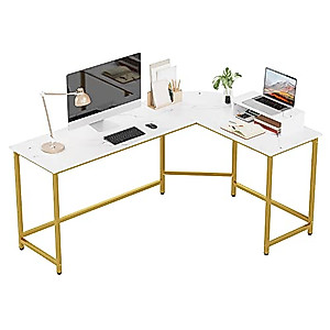 Weehom L Shaped Computer Desk with Monitor Stand, Reversible Corner Desk for Home Office, Modern PC Workstation Study Writing Table(White and Gold)