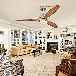 52" Ceiling Fan with Lights Remote Control, Wood Ceiling Fan with 3 Blade & 4 Down Rods Outdoor Ceiling Fan with Remote, Dimmable LED Light, Noiseless Reversible DC for Patio Living Room, Summer House