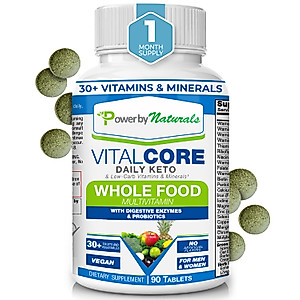 Power By Naturals Vital Core Daily Keto Whole Food Multivitamin for Women & Men | Supports Energy, Tiredness, & Keto Sickness, Digestive Enzymes, Probiotics Whole Food Vitamins & Minerals | 90 Tablets