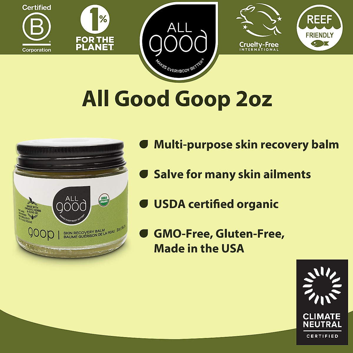All Good Goop Organic Skin Care Recovery Balm - All Purpose Ointment w/Calendula, Lavender, Beeswax - Chafing Cream, Dry Skin Salve, Cracking Lip Moisturizer - Soothes, Hydrates & Calms - 2oz