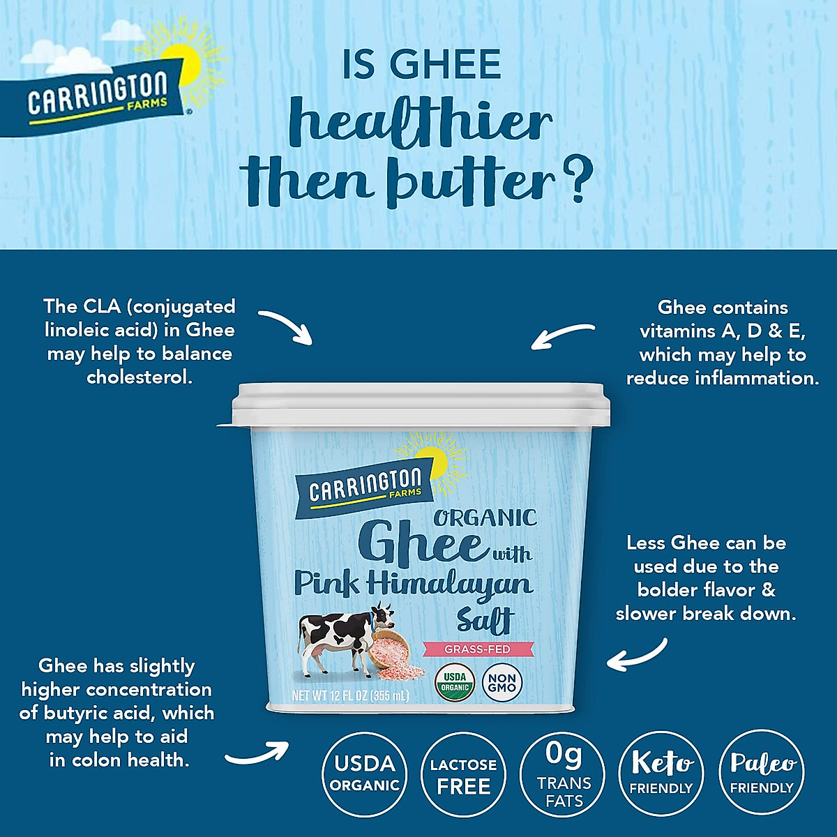 USDA Certified Organic Grass Fed Ghee with Himalayan Salt, 12oz, Carrington Farms