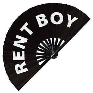Rent Boy hand fan foldable bamboo circuit hand fan funny gag slang words expressions statement gifts Festival accessories Rave handheld Circuit event fan Clack fans (Black)